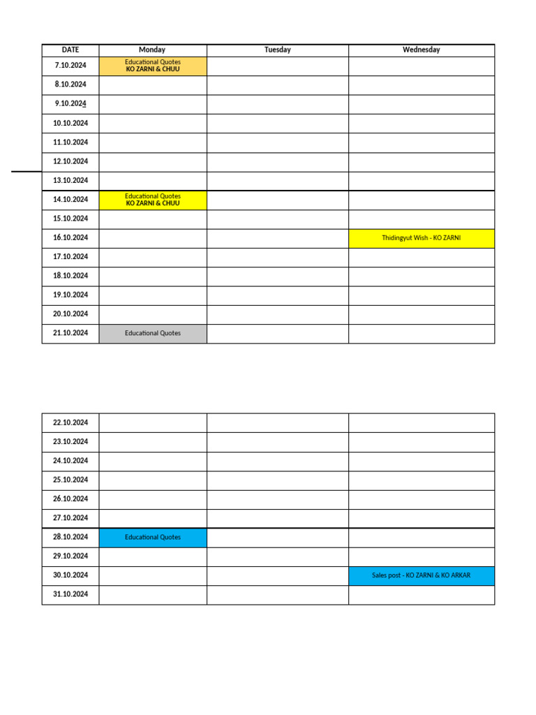 Content Calendar For October | PDF