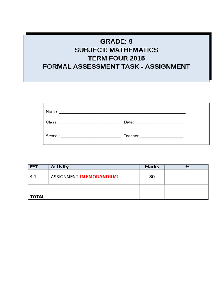 Grade 9 Mathematics MEMORANDUM FAT 4 1 Assignment Term 4 | PDF ...