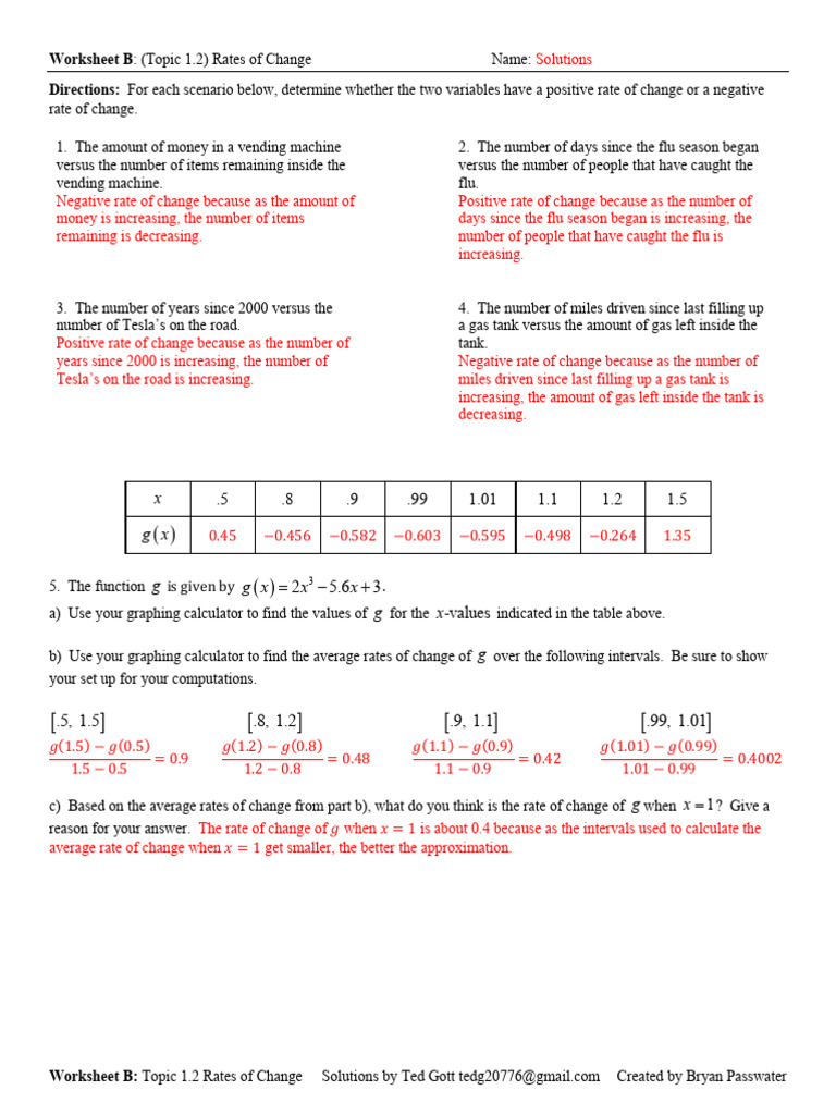 Worksheet B Key Topic 1.2 Rates of Change | PDF | Derivative | Applied ...