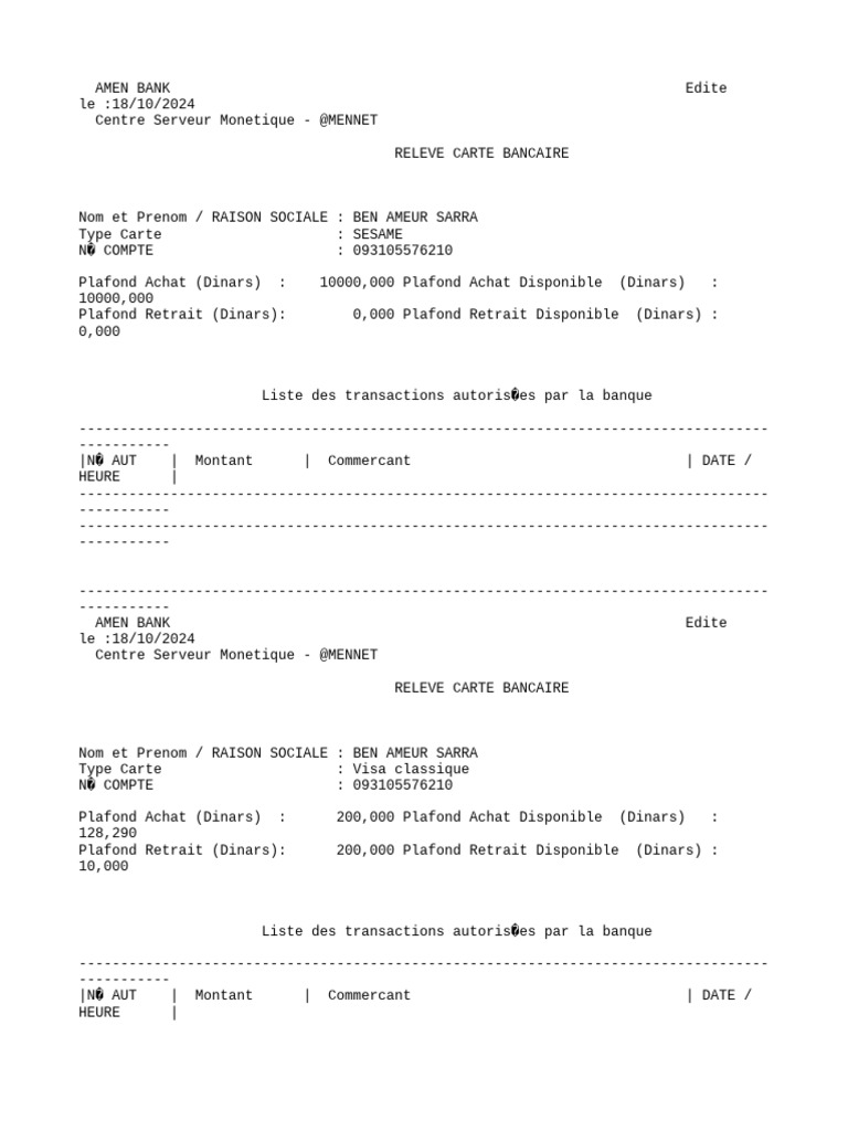 Relevé Carte Bancaire AMEN BANK 18/10/2024 | PDF | Investisseur ...