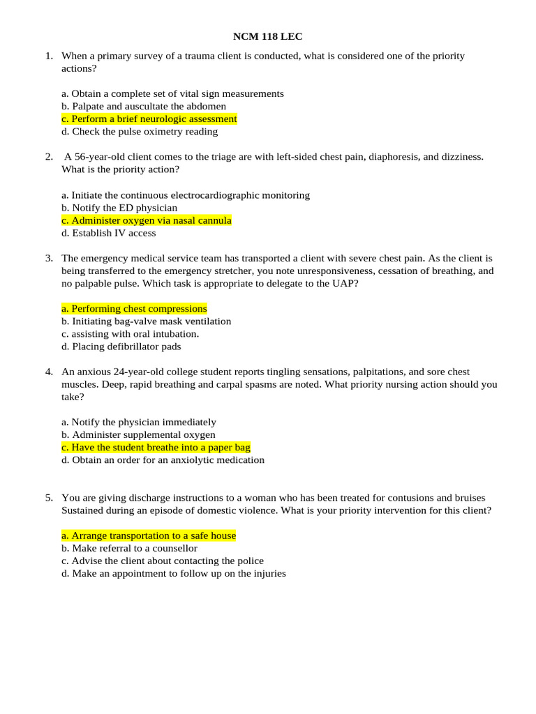NCM 118 Lec Qa or Exam | PDF | Stroke | Emergency Department