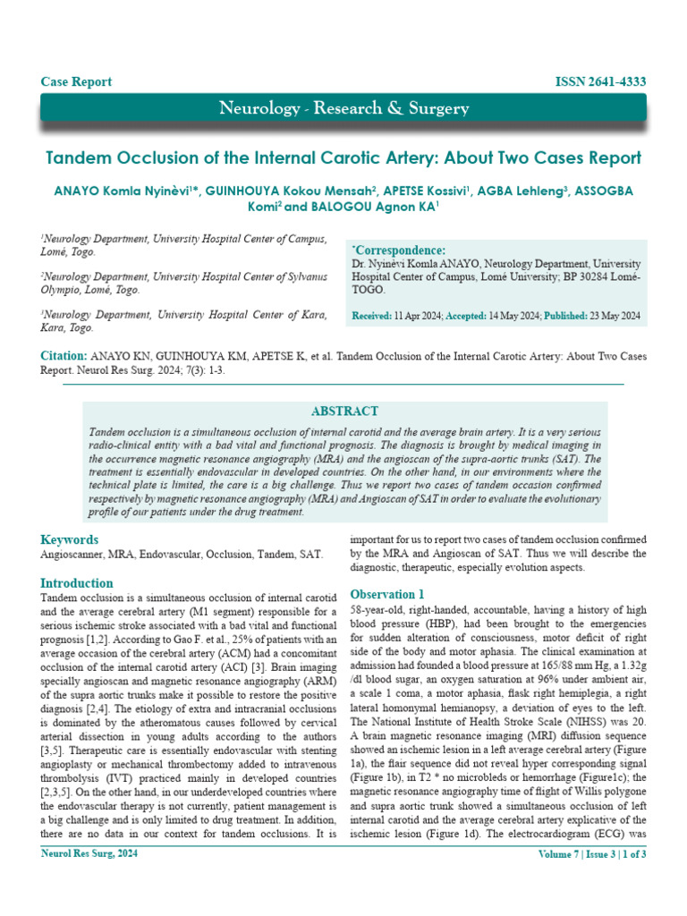 Tandem Occlusion of The Internal Carotic Artery: About Two Cases Report ...