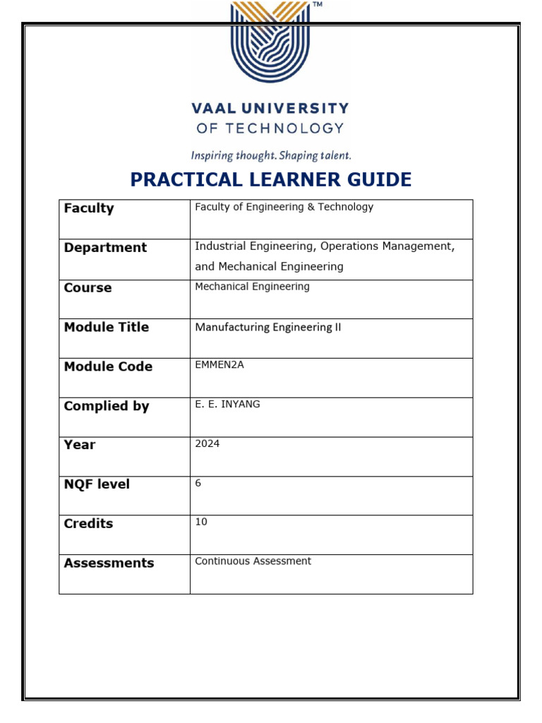 EMMEN2A Workshop Practical Learner Guide 2024 PDF | PDF | Personal Protective Equipment | Machining