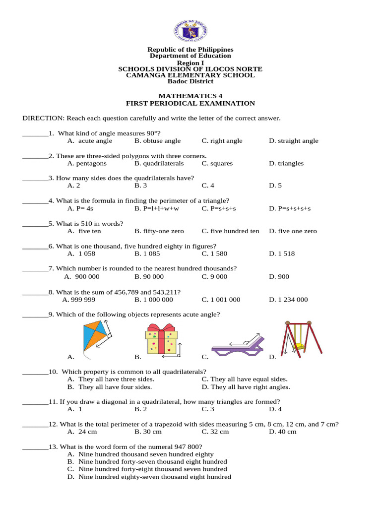 Grade 4 Mathematics First Exam 2025-2026 | PDF | Triangle | Elementary ...