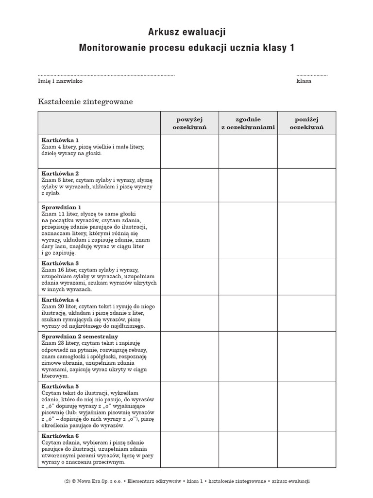Arkusz Ewaluacji Zintegrowane Klasa 1 | PDF