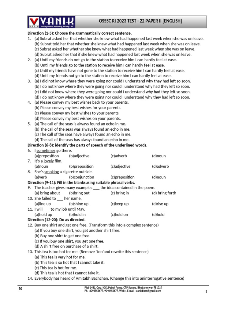 Osssc Ri 2023 Test - 22 Paper II (English) (Ossc-Ri-Set-30) Alok Sir-1 ...