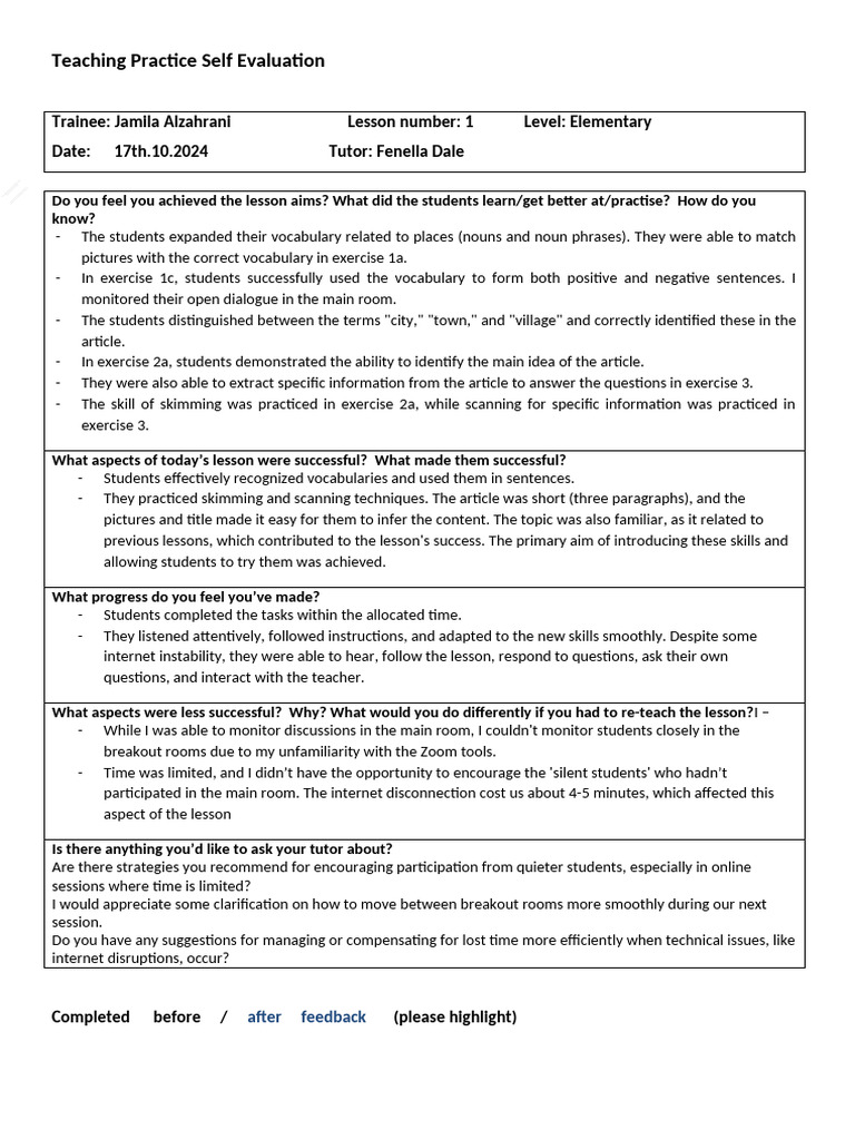 1st Lesson Self-Evaluation | PDF | Vocabulary | Behavior Modification