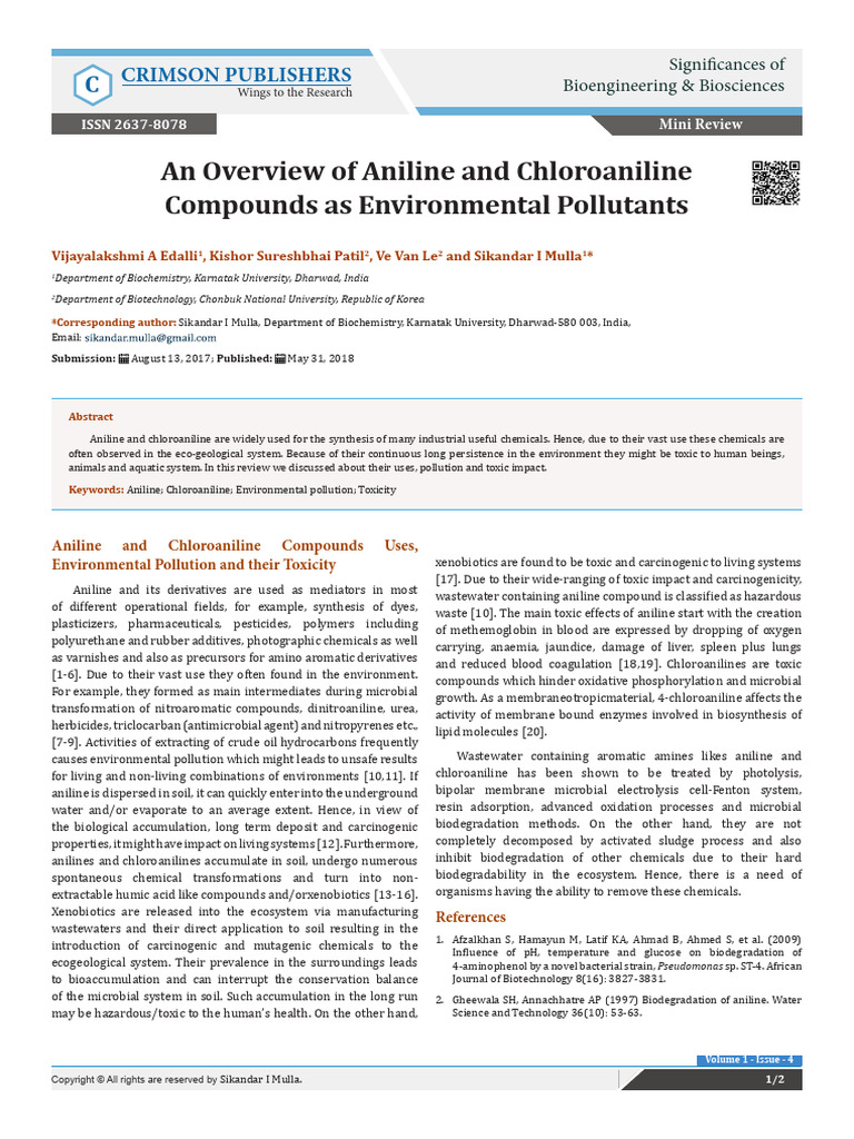 An Overview of Aniline and Chloroaniline Compounds As Environmental ...