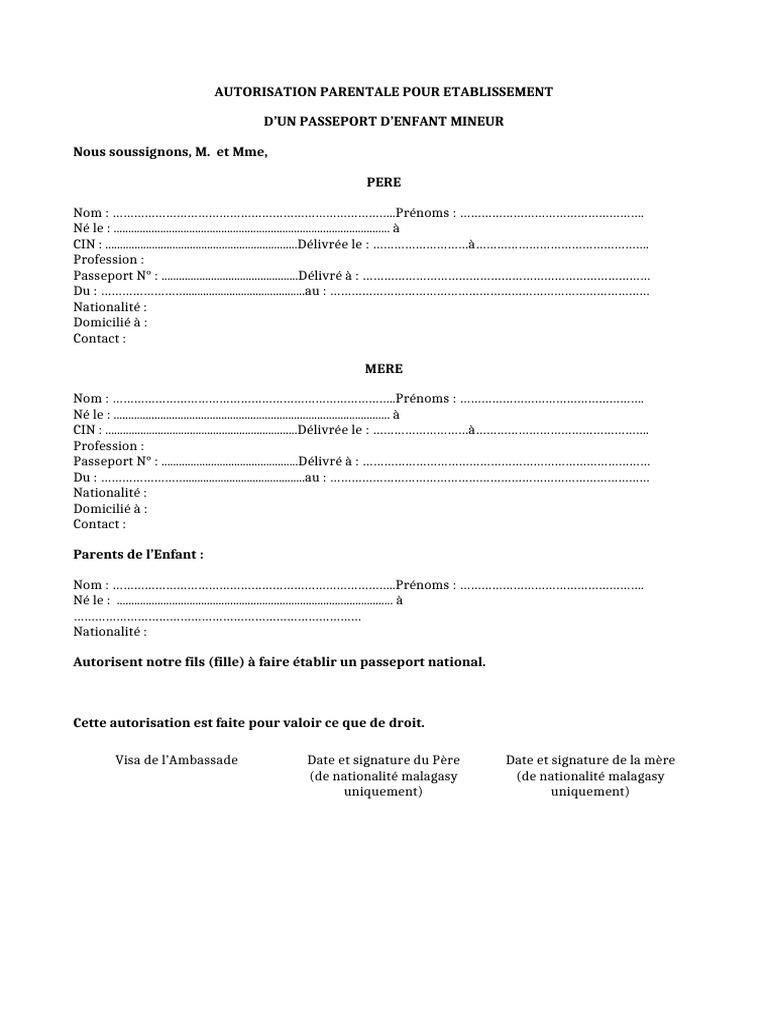 Autorisation Parentale Etablissement Passeport 2 | PDF | Jeux et activités