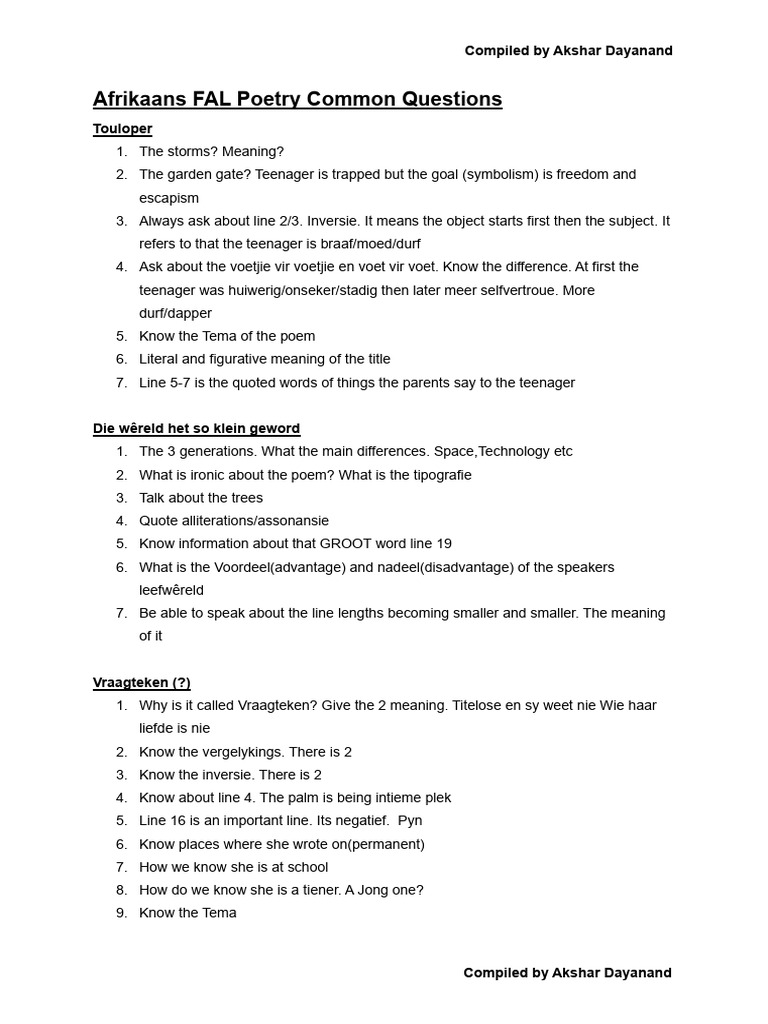 Afrikaans FAL Poetry Common Questions | PDF | Linguistics | Poetic Devices