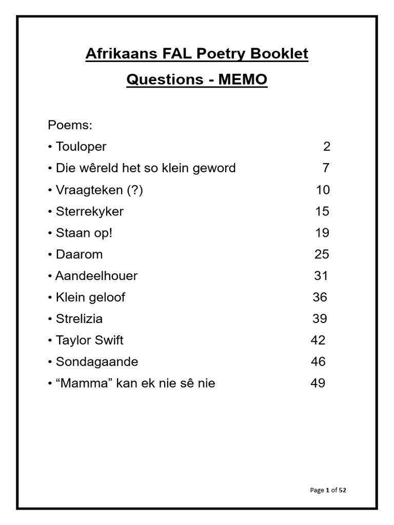 Afrikaans Poetry Questions Booklet (Memo) | PDF
