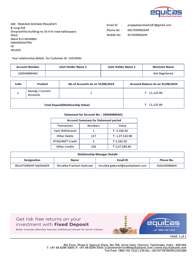 Eq Savings Account Statement 31-08-2024 14319382 | PDF | Cheque | Banks
