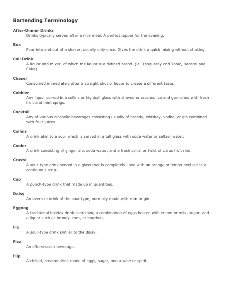 Bar Tending Terminology | Drink | Distilled Beverages