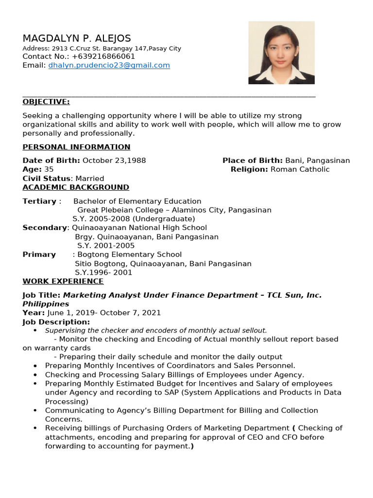 Magdalyn P. Alejos - Resume | PDF | Business