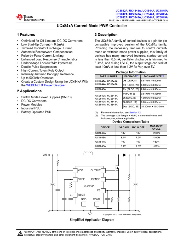 Ucx84Xa Current-Mode PWM Controller: 1 Features 3 Description | PDF | Electrical Engineering ...
