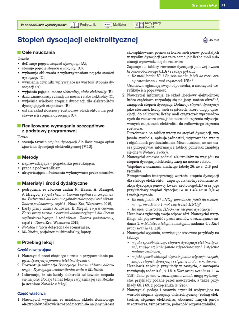 Scenariusz Lekcji Z Notatka Z Lekcji Stopien Dysocjacji ...
