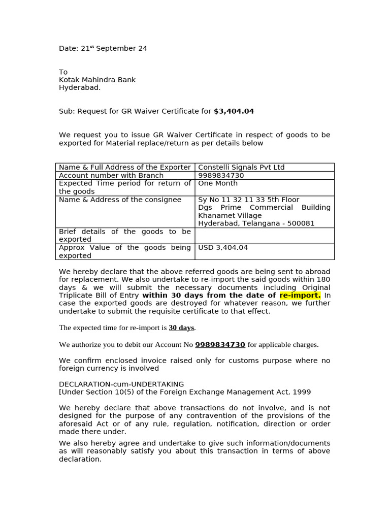 GR Waiver Letter Format | PDF