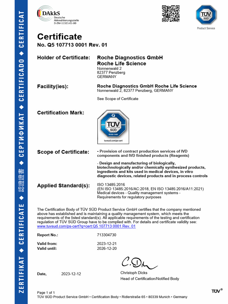 Roche Diagnostics ISO 13485 Certification | PDF | Technology & Engineering
