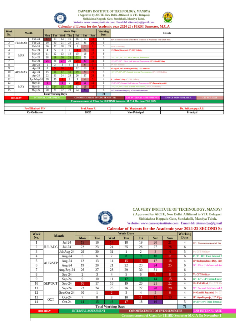 MCA Academic Calendar 2024-25 - CIT Mandya | PDF