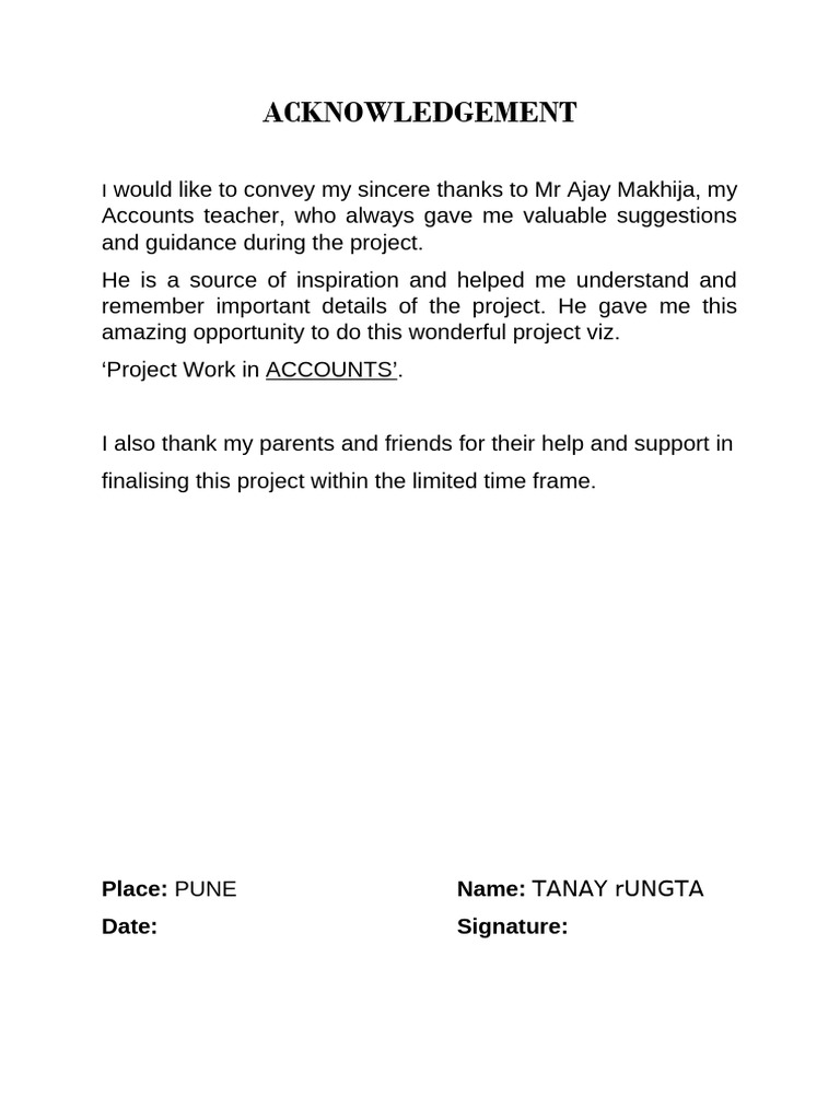 Acknowledgement: Place: Name: Date: Signature | PDF