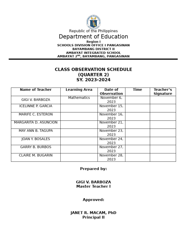 Class Observation Plan-Q2 | PDF