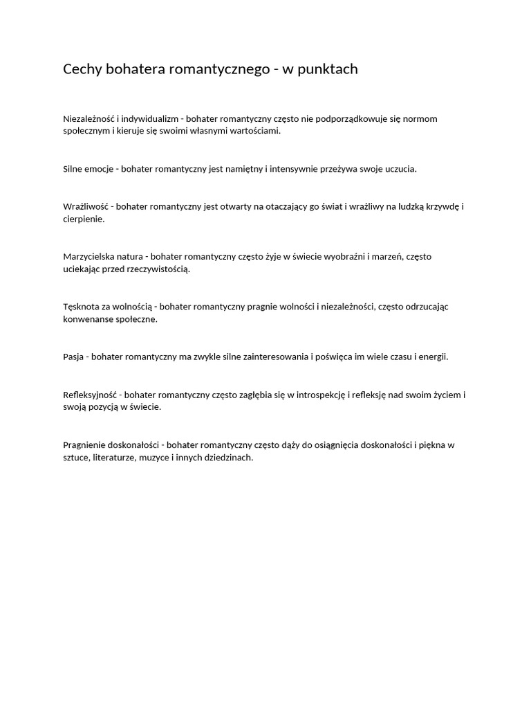 Cechy Bohatera Romantycznego | PDF