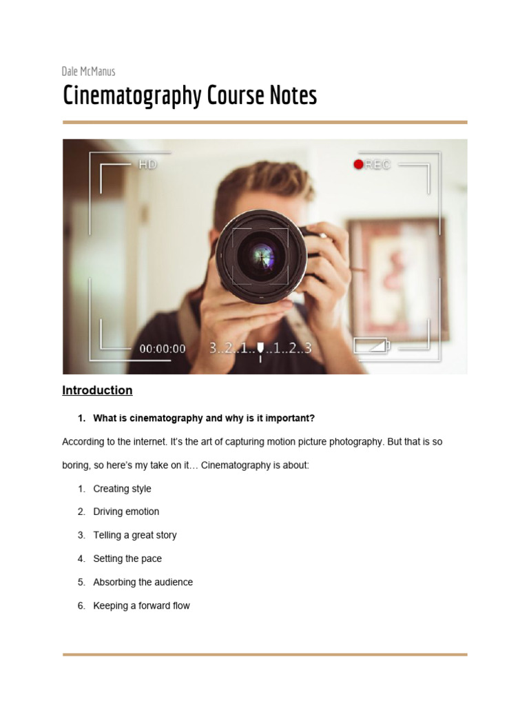 Cinematography Course Notes | PDF | Shutter Speed | Aperture