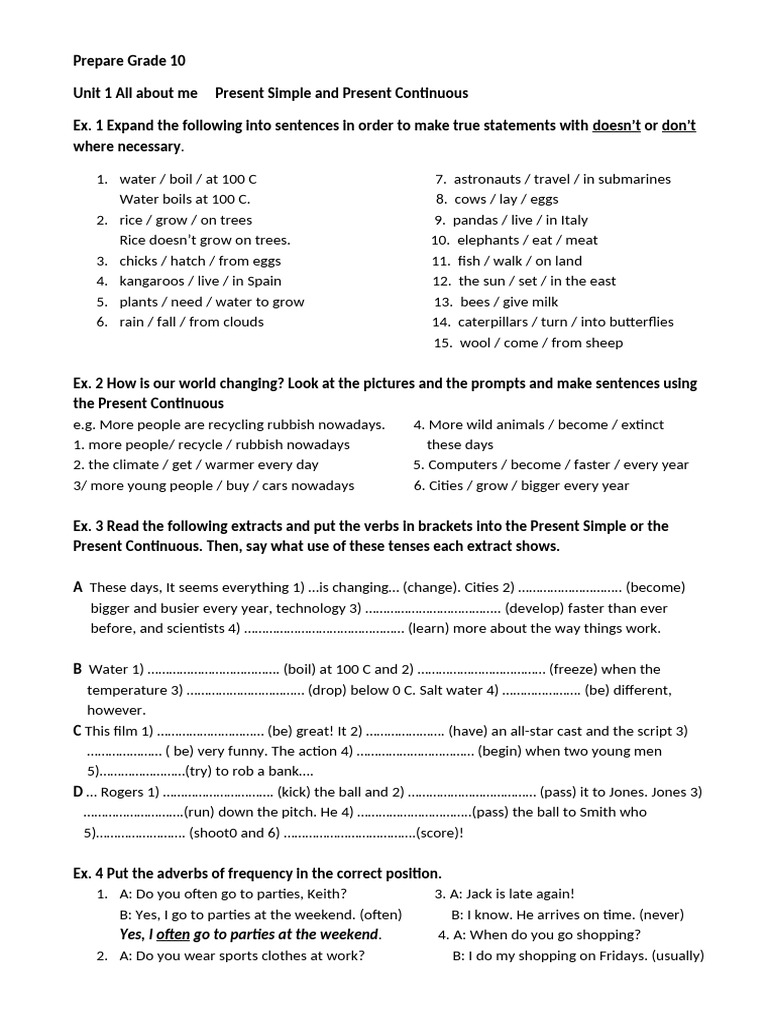 Grade 10 Workbook: Present Tenses Exercises | PDF