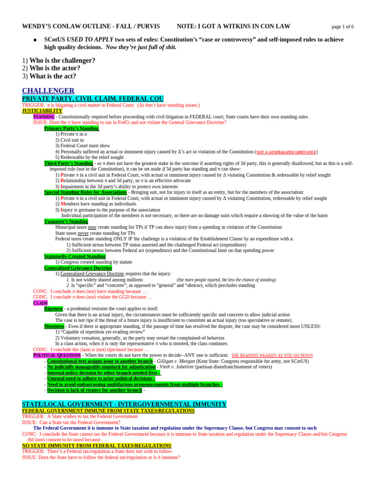 Wendy's ConLaw Outline - Purvis 102913 | PDF | Standing (Law ...