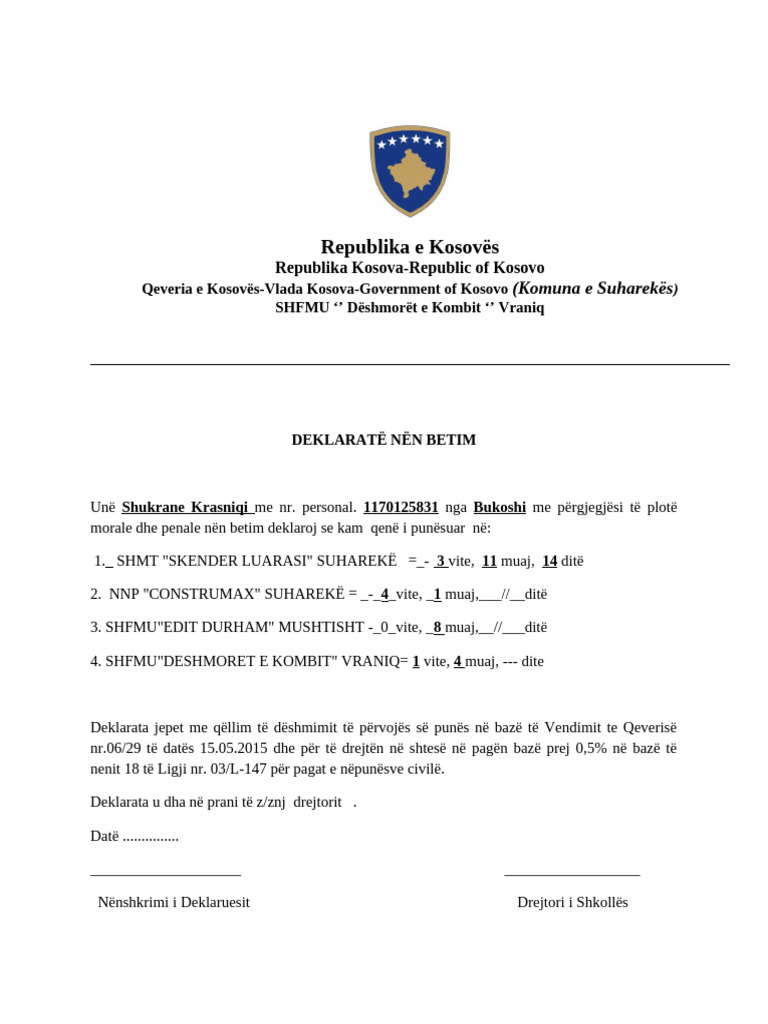 Deklarata nën betim | PDF