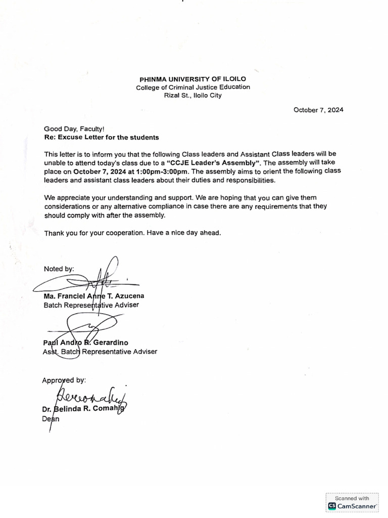 Excuse Letter For CCJE LEADERS Assembly | PDF