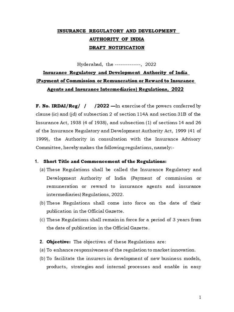 Draft IRDAI (Payment of Commission or Remuneration or Reward To ...