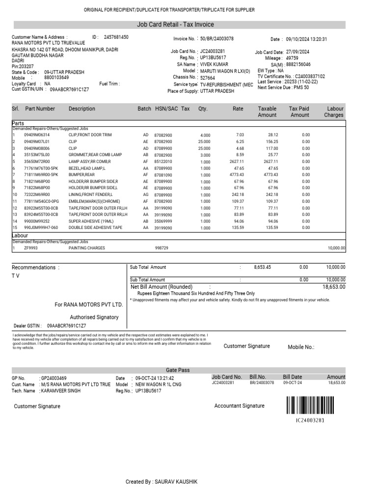 Job Card Retail - Tax Invoice | PDF | Rear Wheel Drive Vehicles | Car
