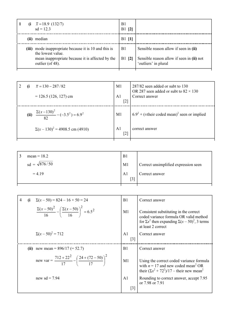 S1 Measures of Variation Worksheet Mark Scheme | PDF | Mathematics