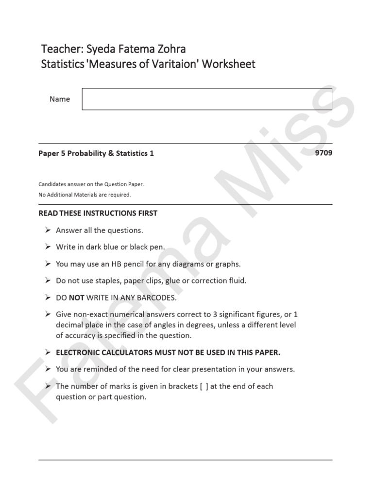 S1 Measures of Variation Worksheet | PDF | Standard Deviation ...
