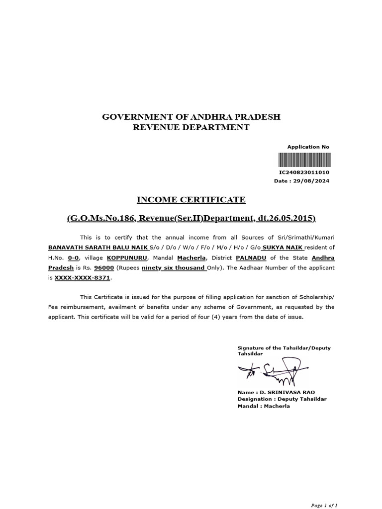 Income Certificate - IC240823011010 | PDF