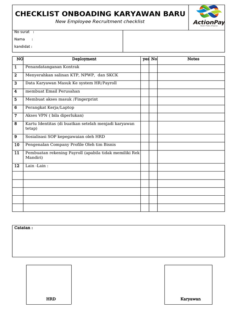 CHECKLIST Onboarding Karyawan | PDF | Pengelolaan Keuangan & Uang