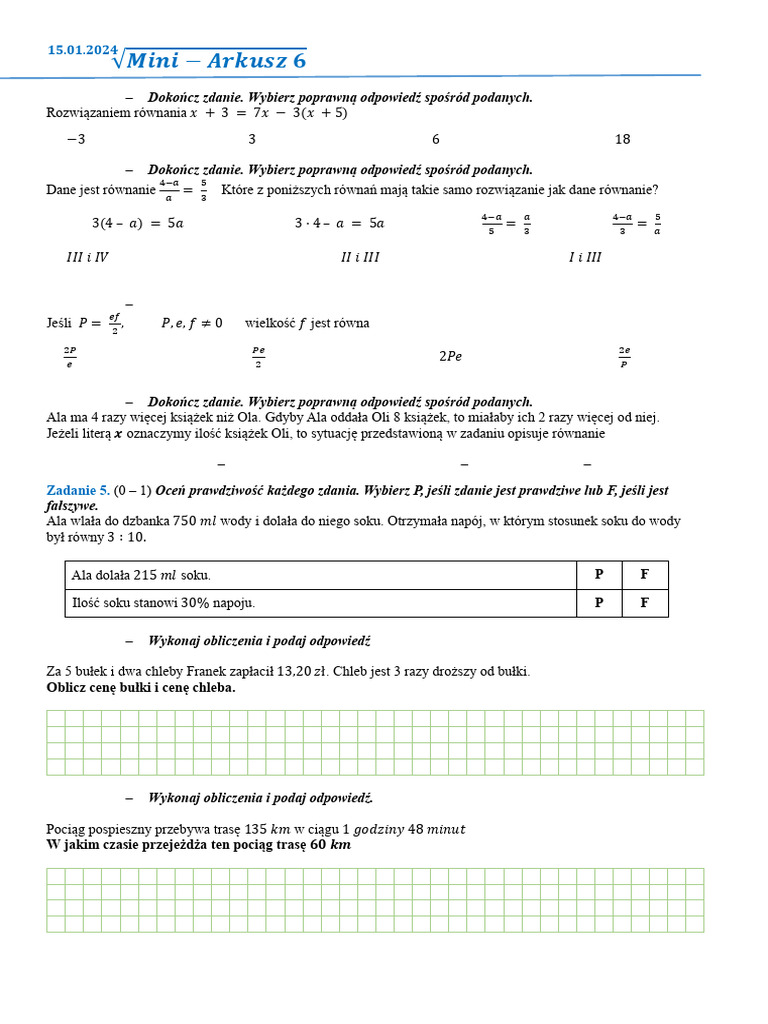 Klasa 8 (Przed Egzaminem) Wyrażenia Algebraiczne Mini Arkusz 6 | PDF