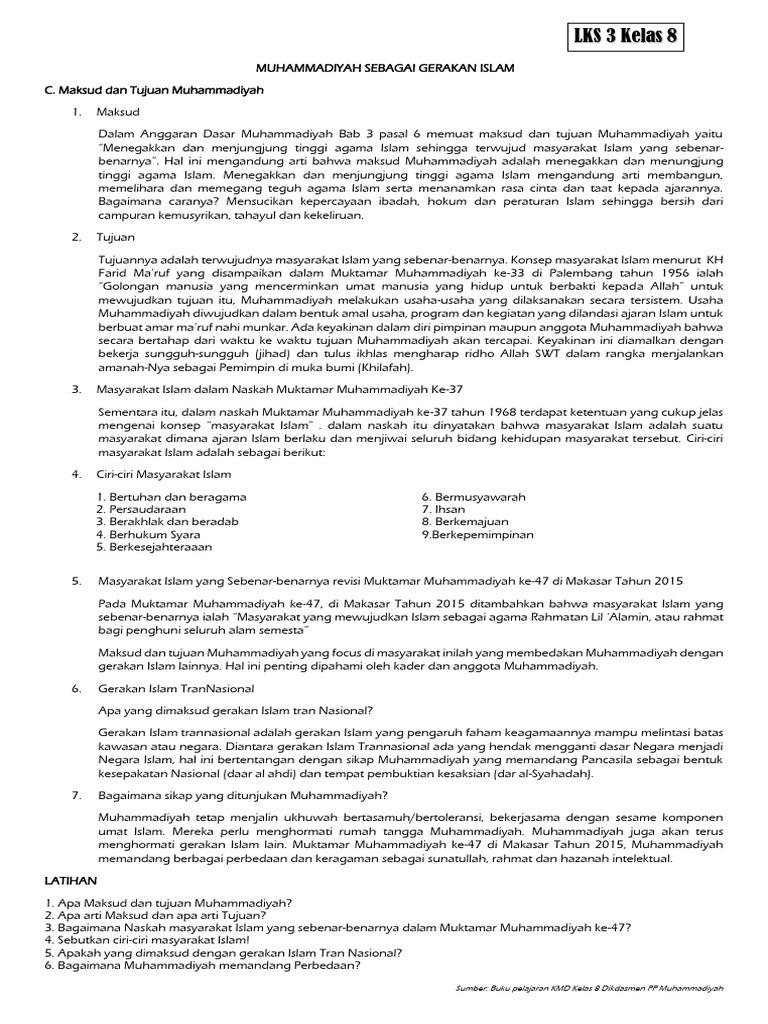 LKS-3 Kelas 8-KMD-MUHAMMADIYAH SEBAGAI GERAKAN ISLAM | PDF