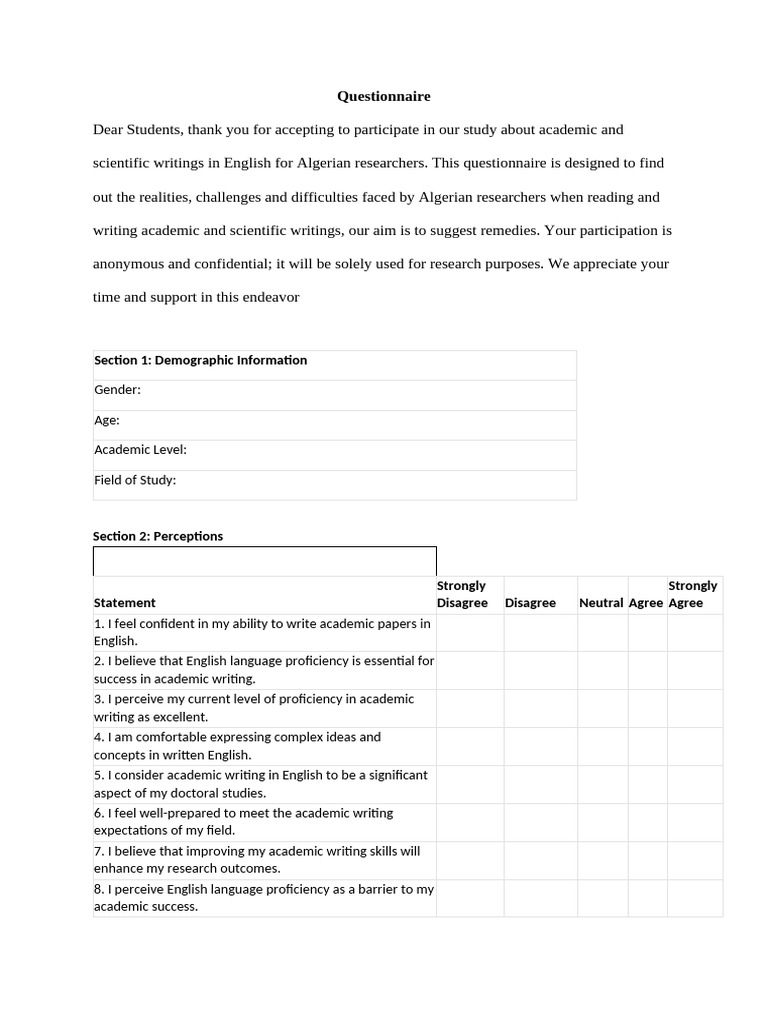 Questionnaire Academic WR | PDF | Writing | English Language