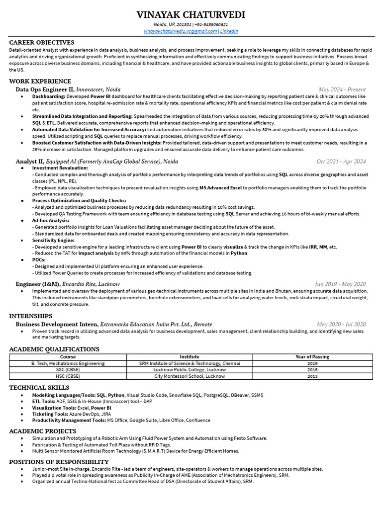 Vinayak Chaturvedi Resume-BI | PDF | Databases | Automation
