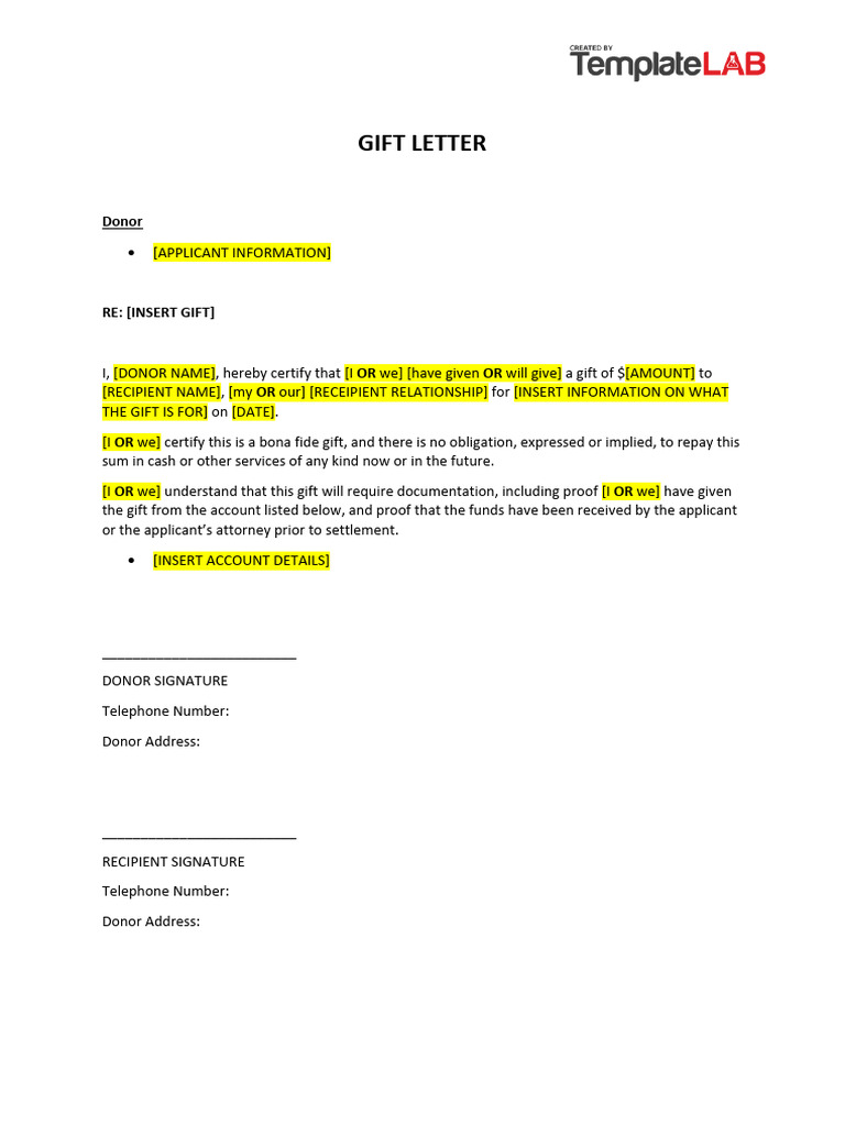 Gift Letter Template for Mortgage | PDF