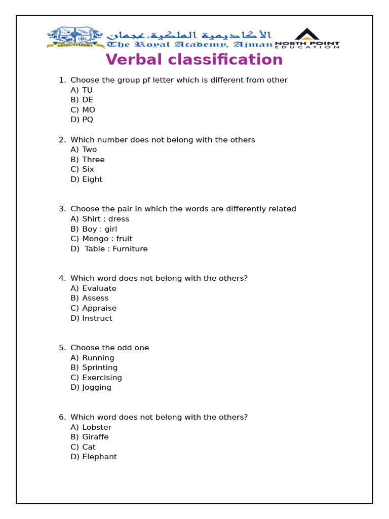 Verbal Classification Questions for Class 7 | PDF