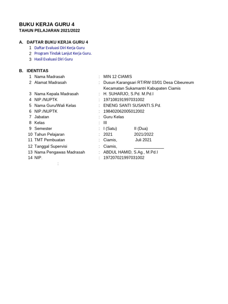 Contoh Format Di Buku Kerja 4 Guru | PDF