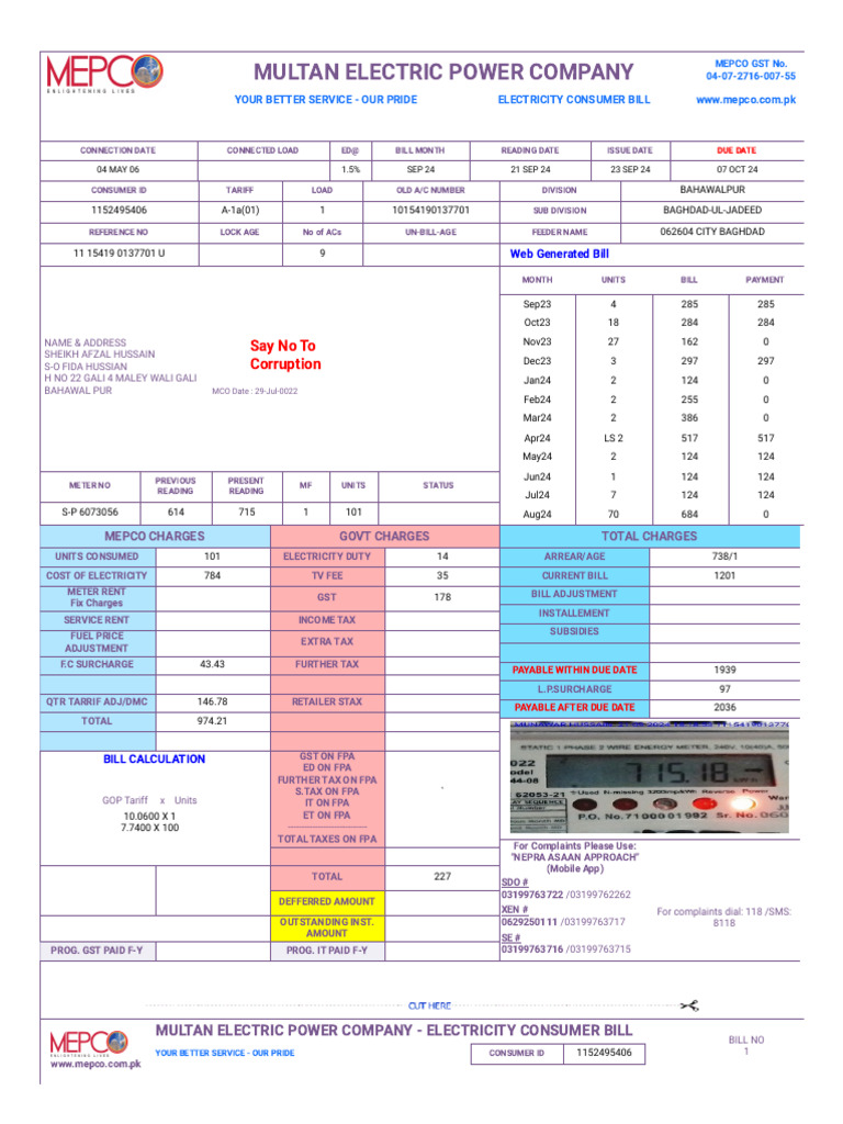 September Chobara MEPCO BILL | PDF | Taxes | Value Added Tax