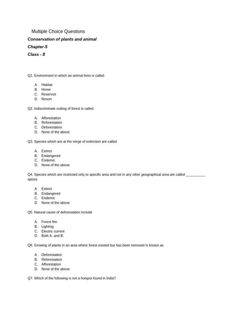Multiple Choice Questions | PDF | Biodiversity | Endangered Species