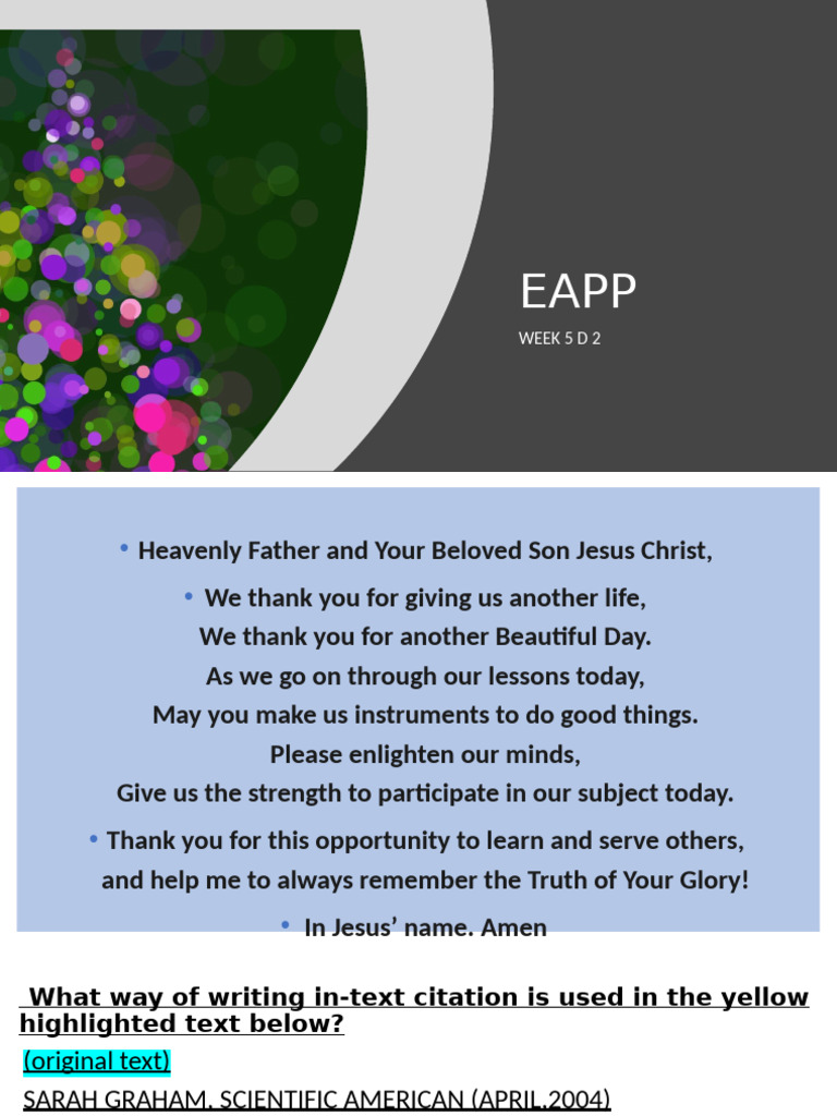 EAPP WEEK 5 D 2 Citing Sources | PDF | Citation | Plagiarism