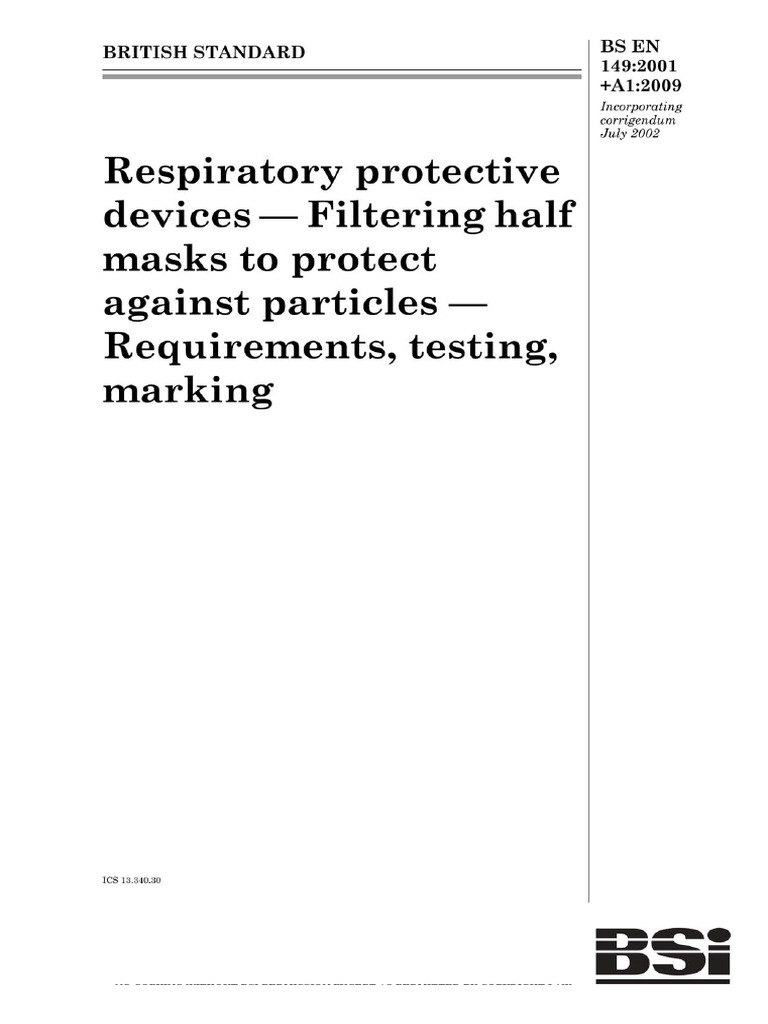 BS EN 149 Respiratory Protective Devices - Filtering Half Masks To ...