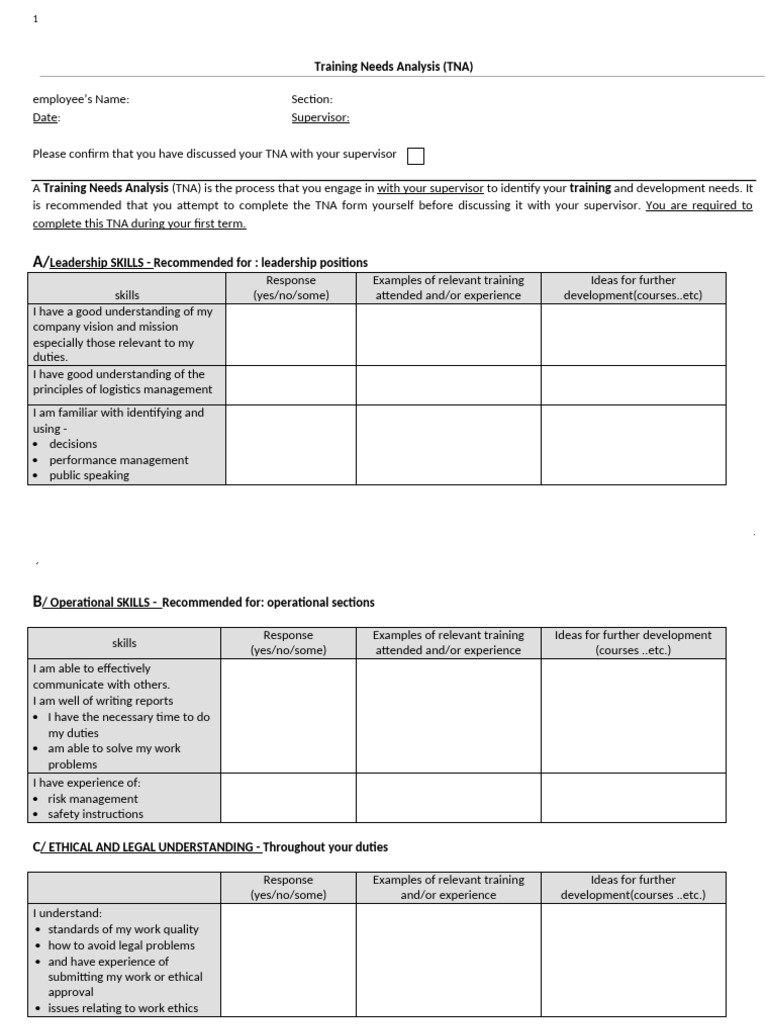 Training Needs Analysis Form | PDF | Leadership | Supervisor