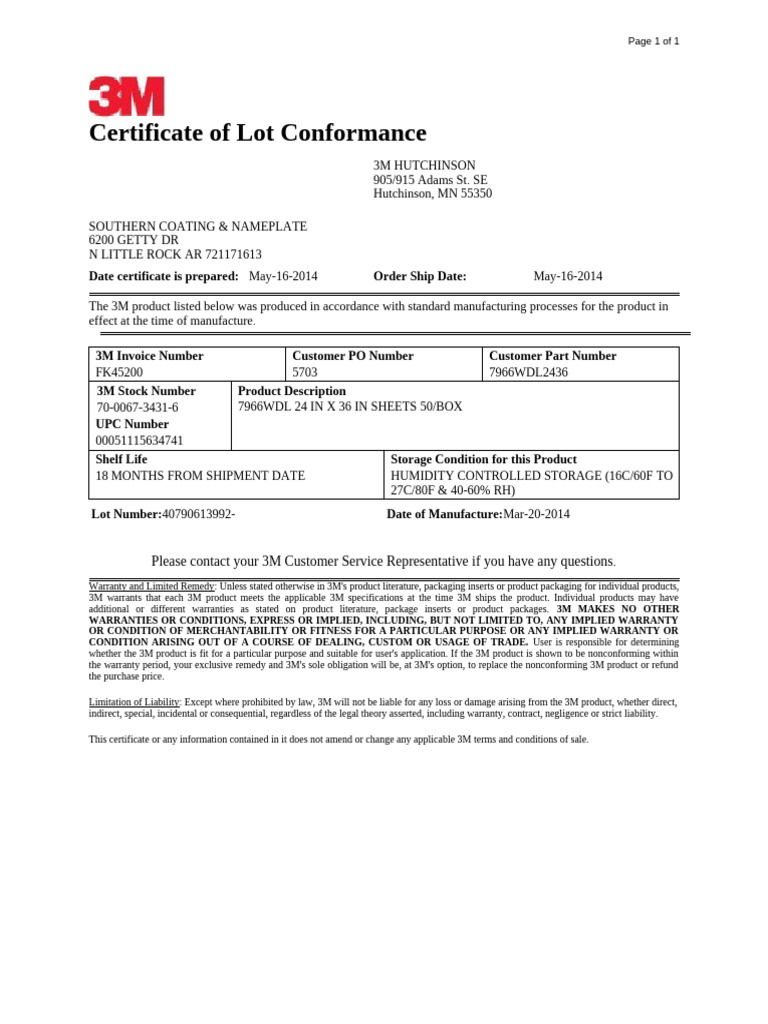 3M Certificate-Of-Conformance-10 | PDF | Legal Liability | Implied Warranty